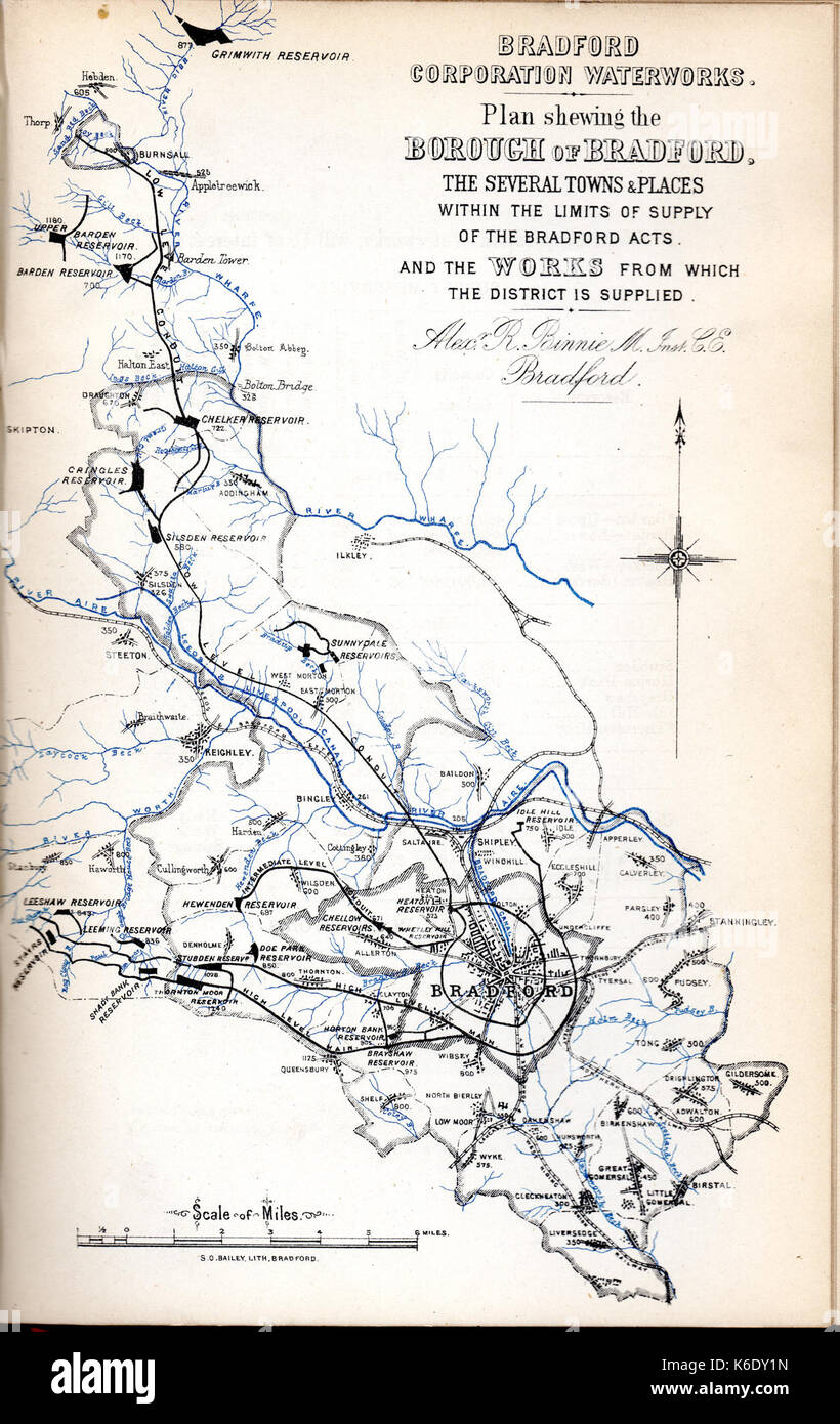 Bradford waterworks map 1881 Stock Photo - Alamy