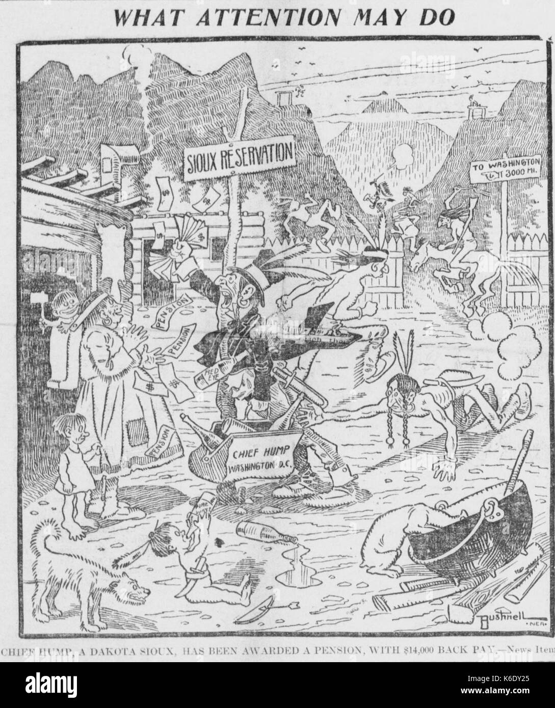 Bushnell cartoon about money corrupting Chief Hump and the Sioux Stock ...