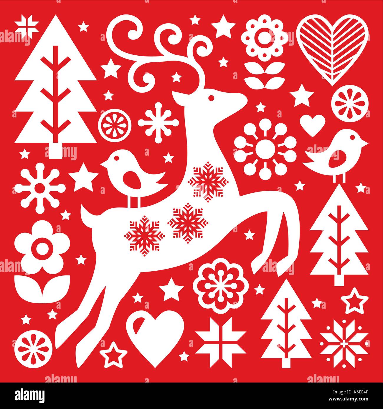 Christmas white Scandinavian folk art on red, reindeer, birds and ...