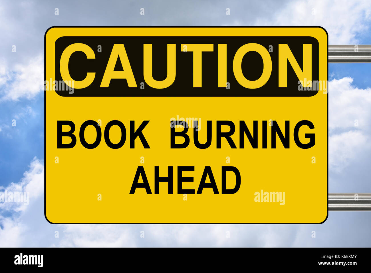 Book burning ahead, yellow road warning sign Stock Photo - Alamy
