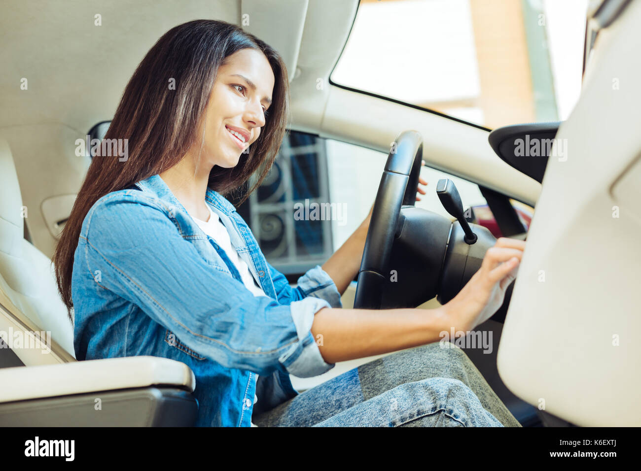 Delighted nice woman sitting behind the wheel Stock Photo - Alamy