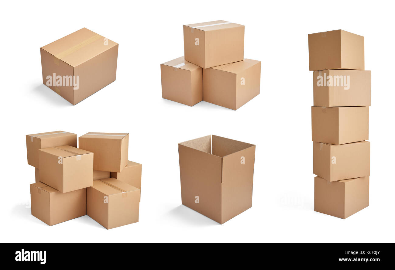 collection of various stacks of cardboard boxes on white background ...