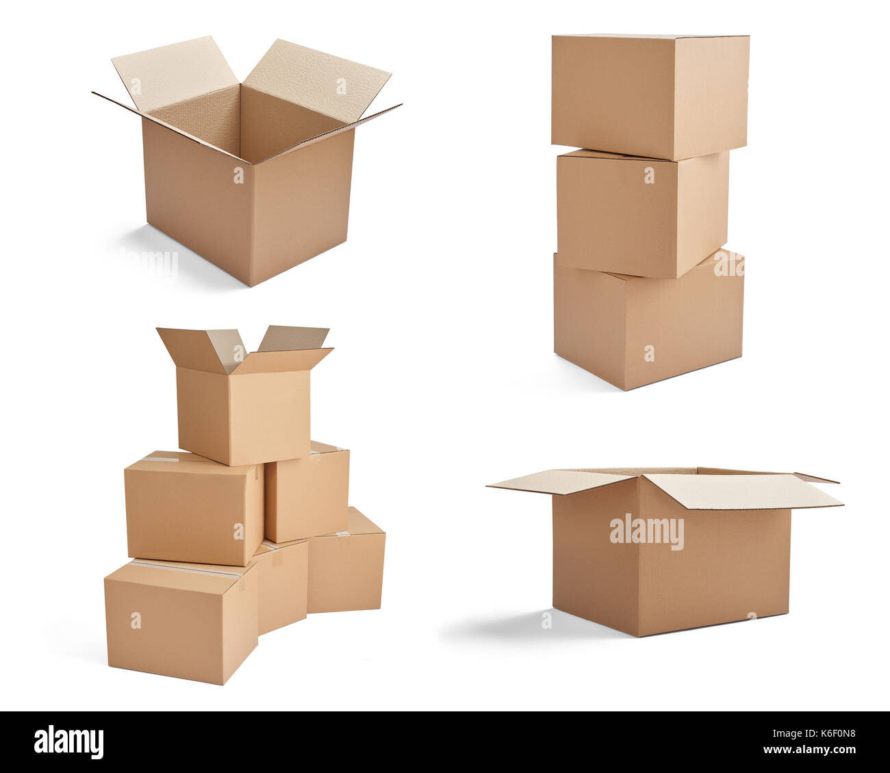 collection of various stacks of cardboard boxes on white background ...