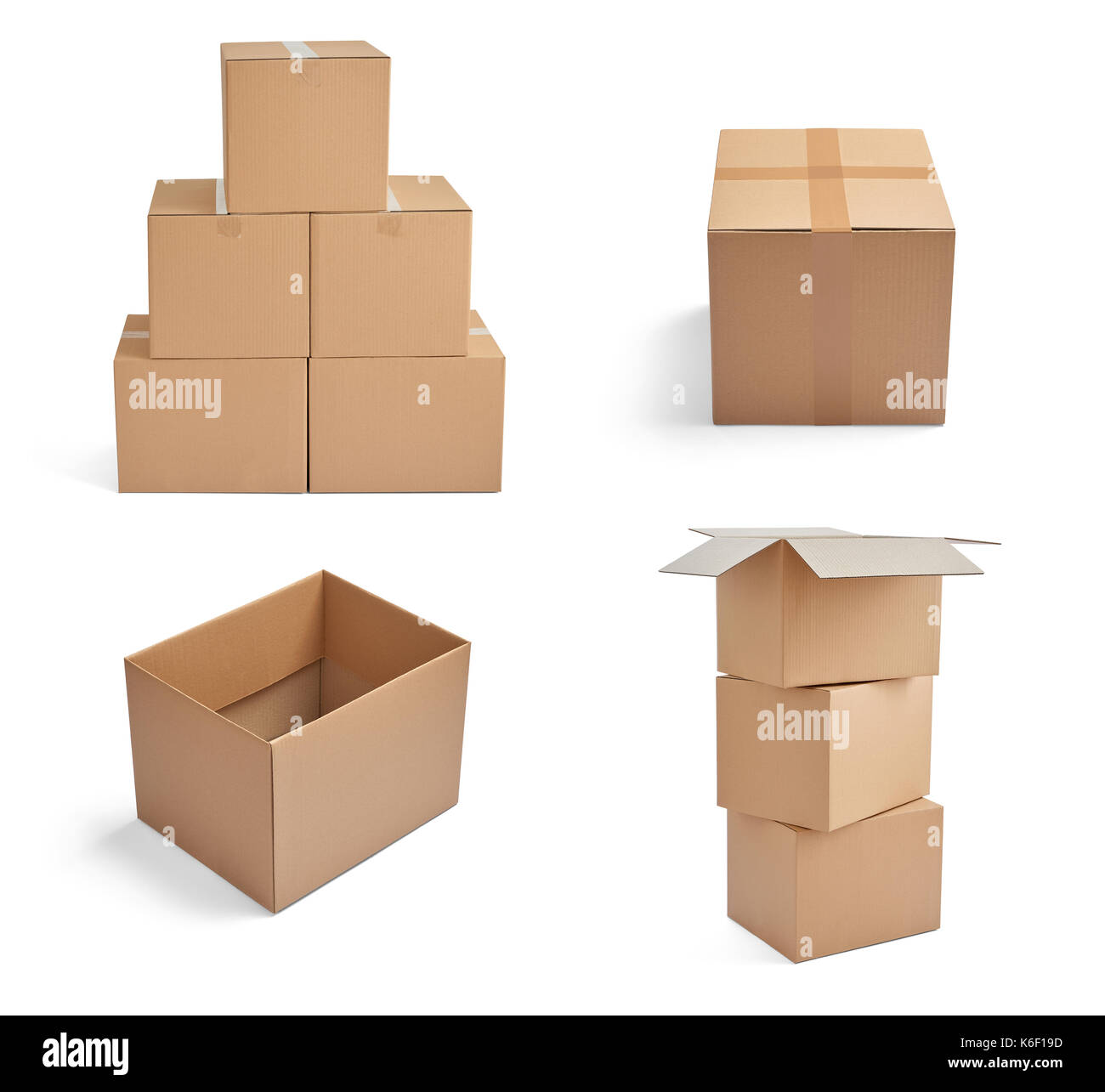 collection of various stacks of cardboard boxes on white background ...