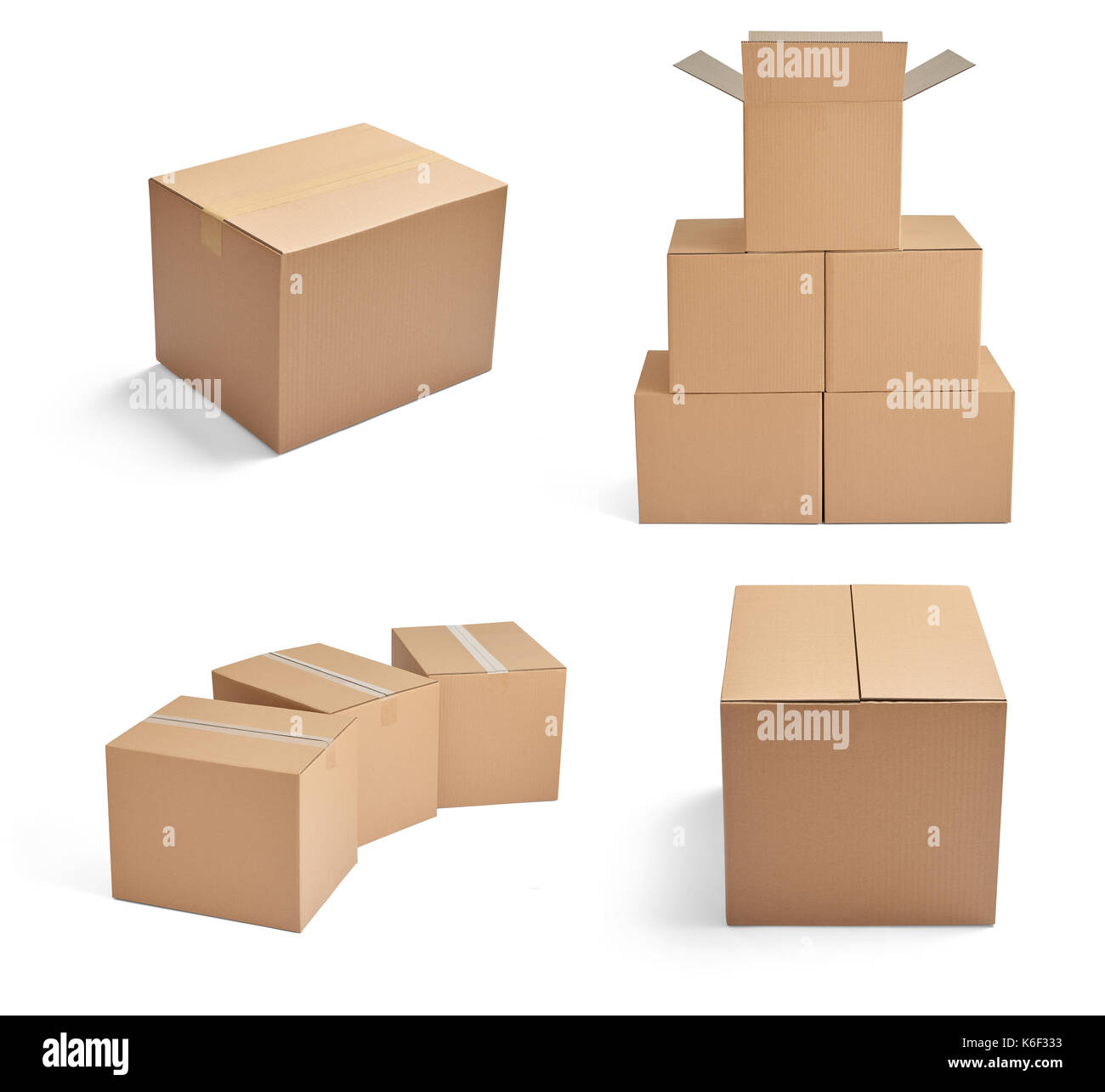 collection of various stacks of cardboard boxes on white background ...
