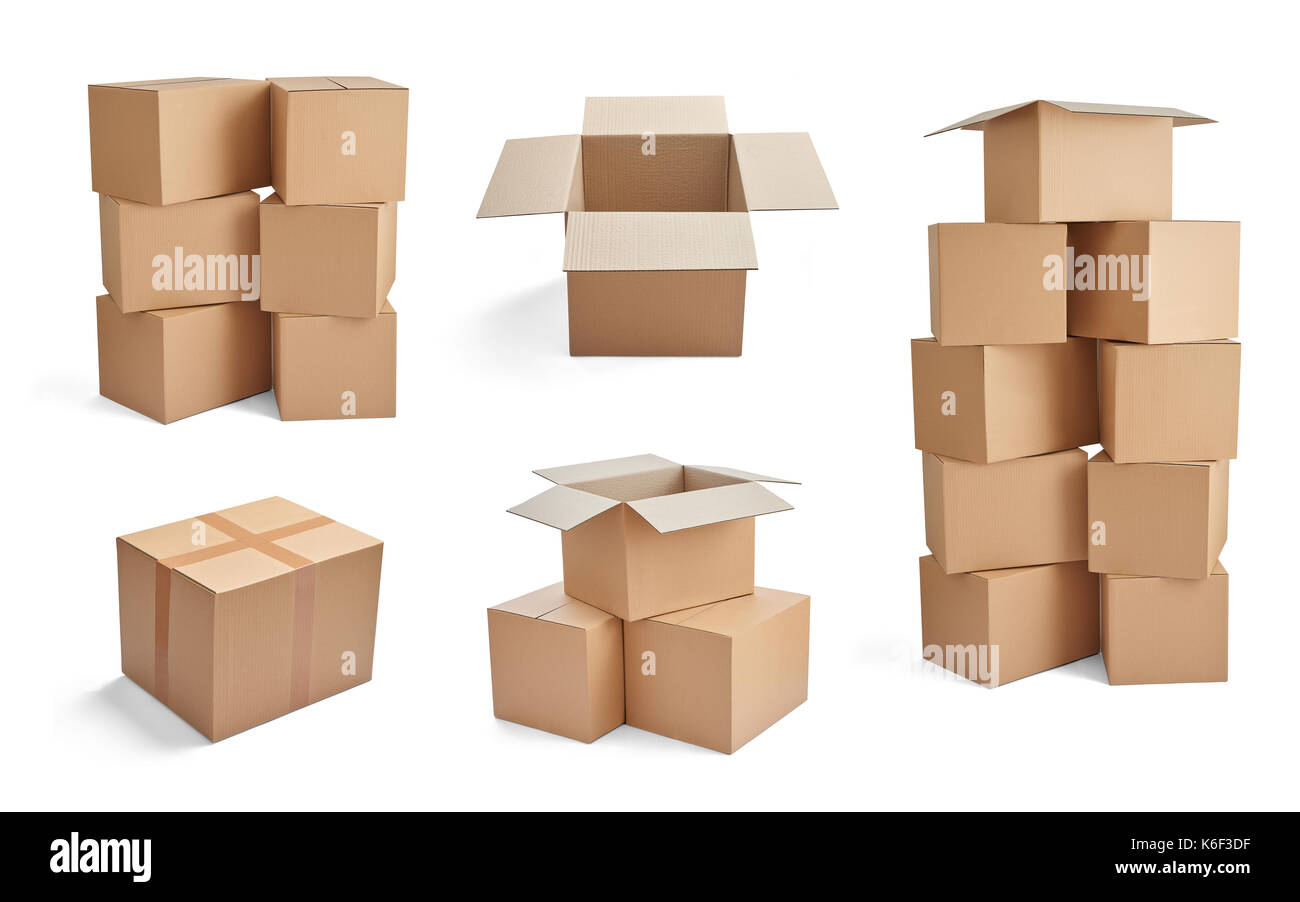 collection of various stacks of cardboard boxes on white background ...