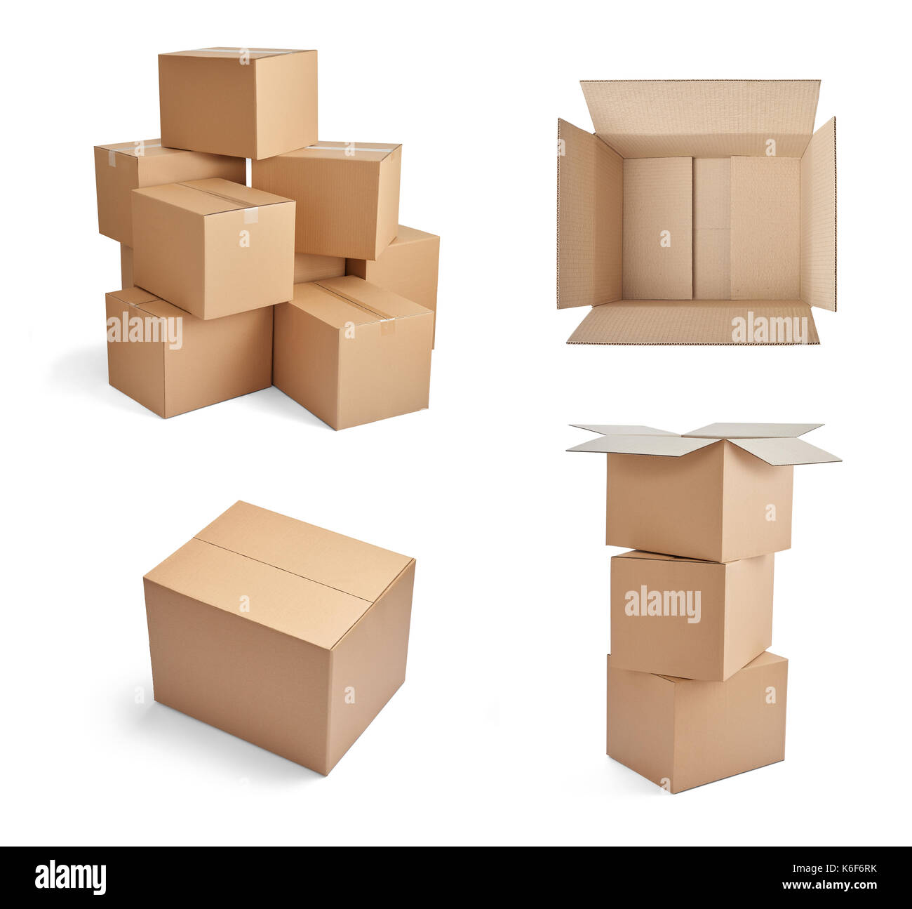 collection of various stacks of cardboard boxes on white background ...