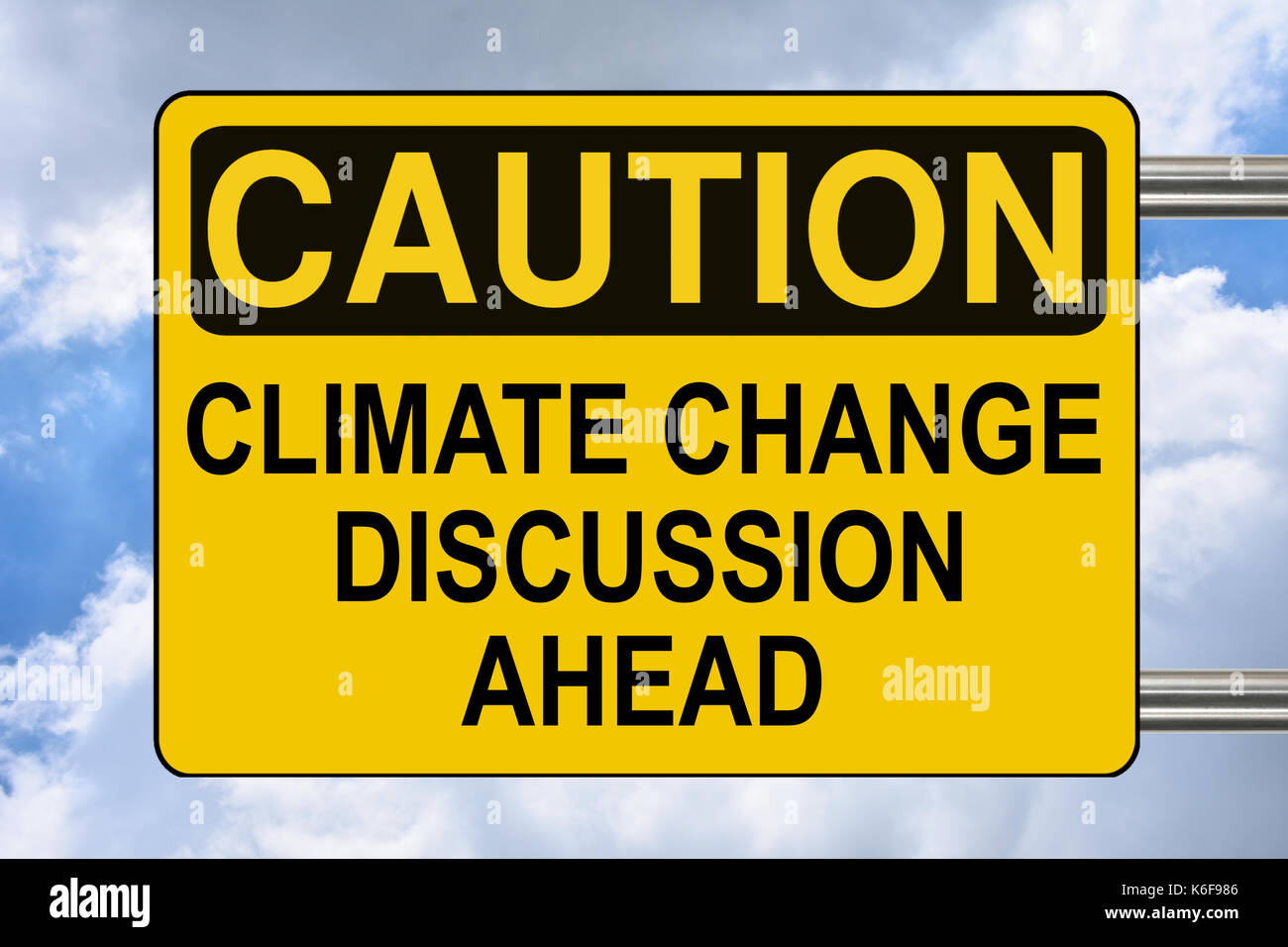 Climate change discussion ahead, yellow warning sign Stock Photo - Alamy