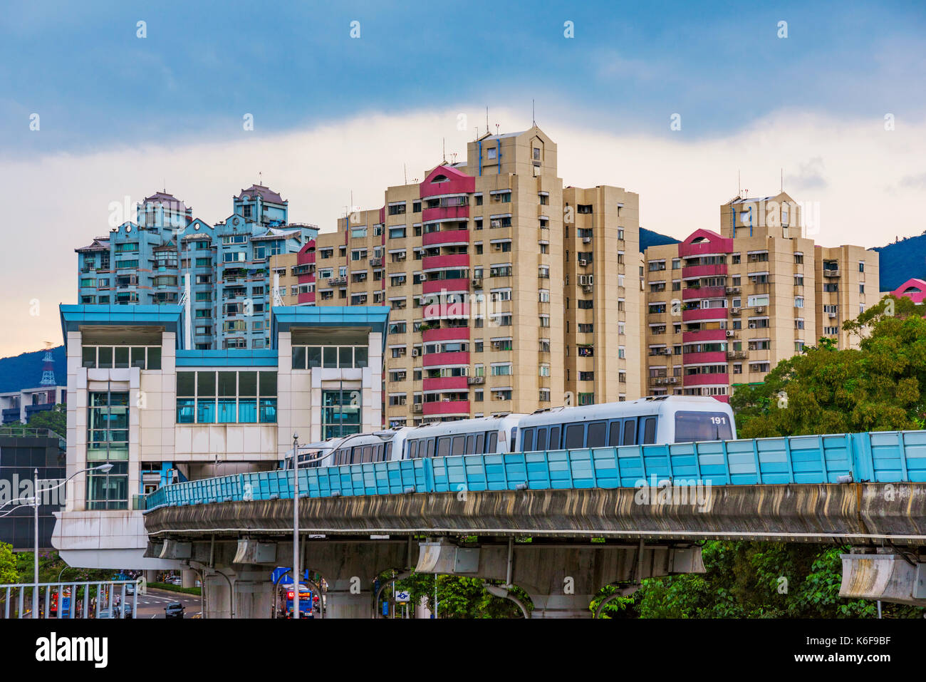 TAIPEI, TAIWAN - JULY 01: This is Dahu park MRT station with a train ...