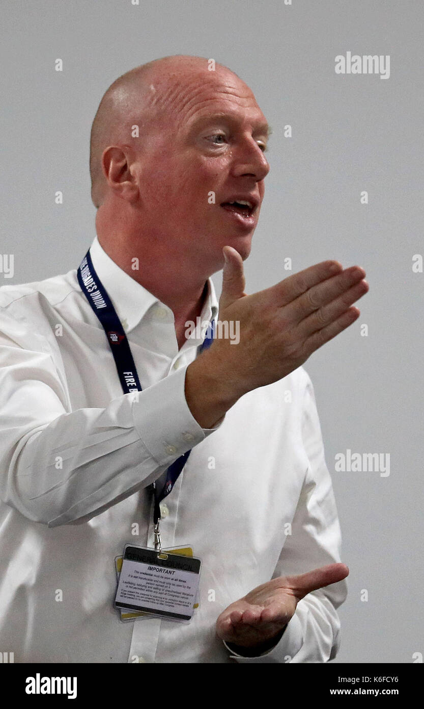 Matt Wrack, General Secretary of the Fire Brigades Union, speaks at a ...