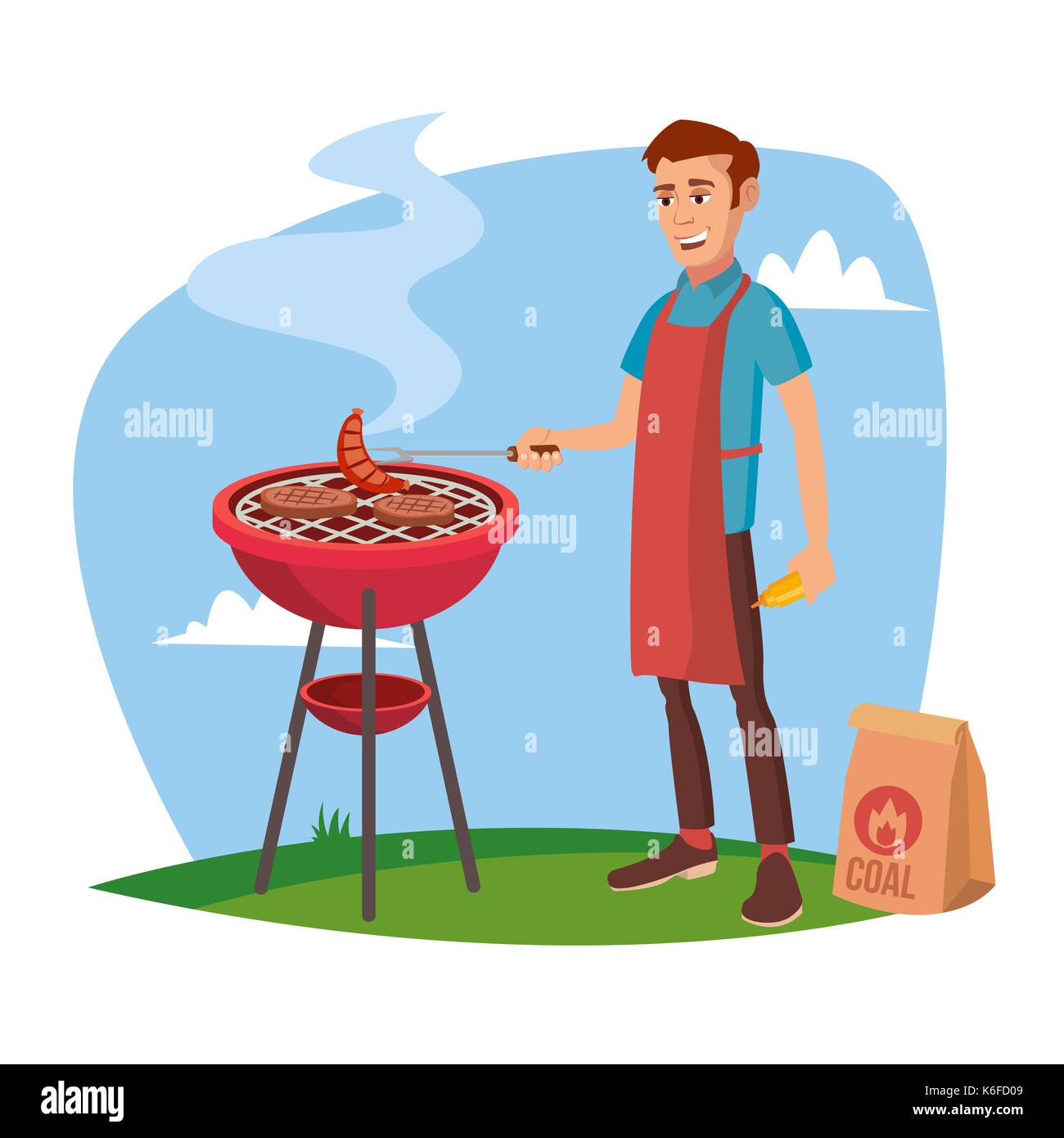BBQ Cooking Vector. Classic American Smiling Man Barbecuing. Isolated ...