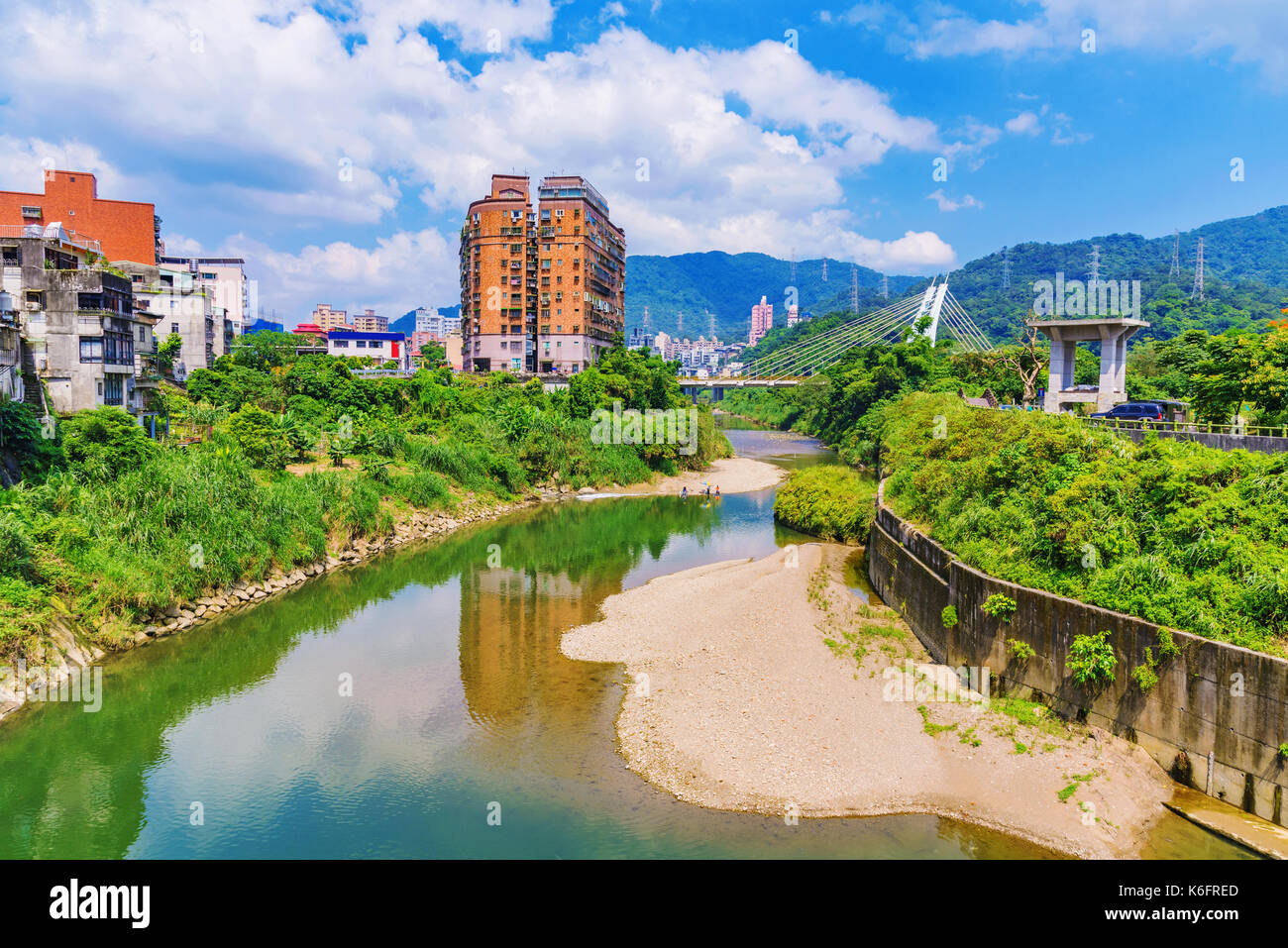 Scenic river view of the Shenkeng district in the countryside of Taipei ...