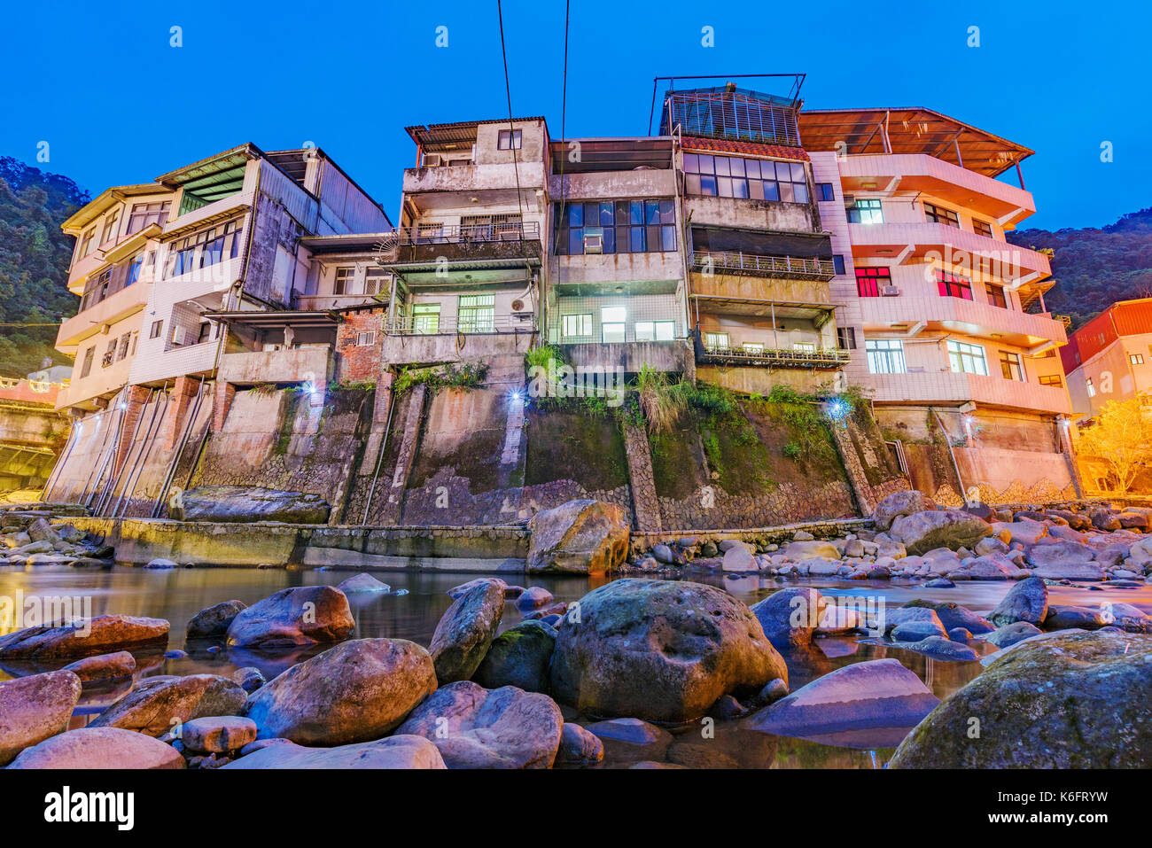 Old riverside architecture in the Shiding district at night Stock Photo ...