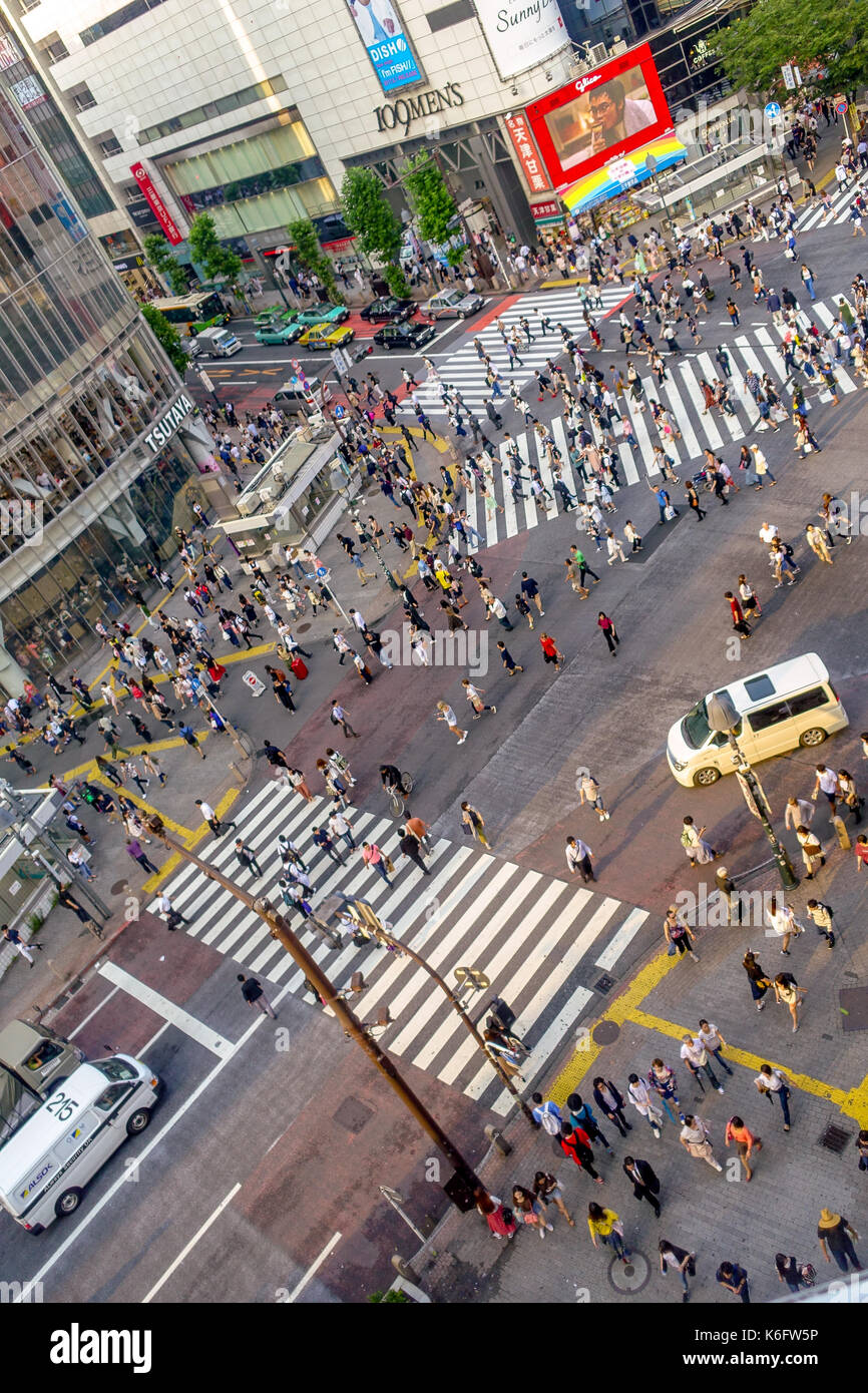 TOKYO, JAPAN JUNE 28 - 2017: Top view of crowd of people crossing in ...