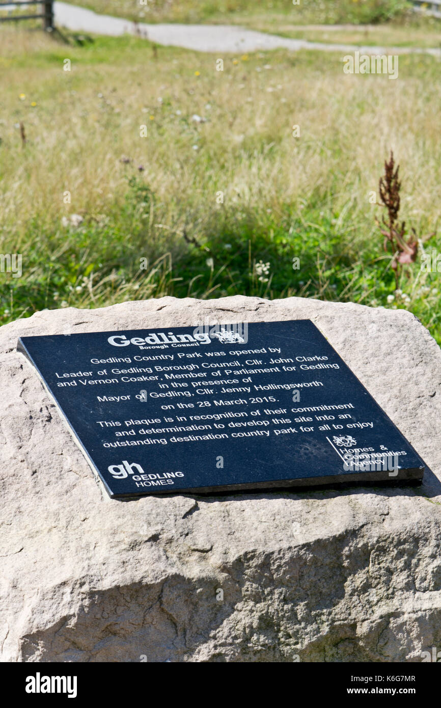 Commemorative plaque for the opening of Gedling country park, a former ...