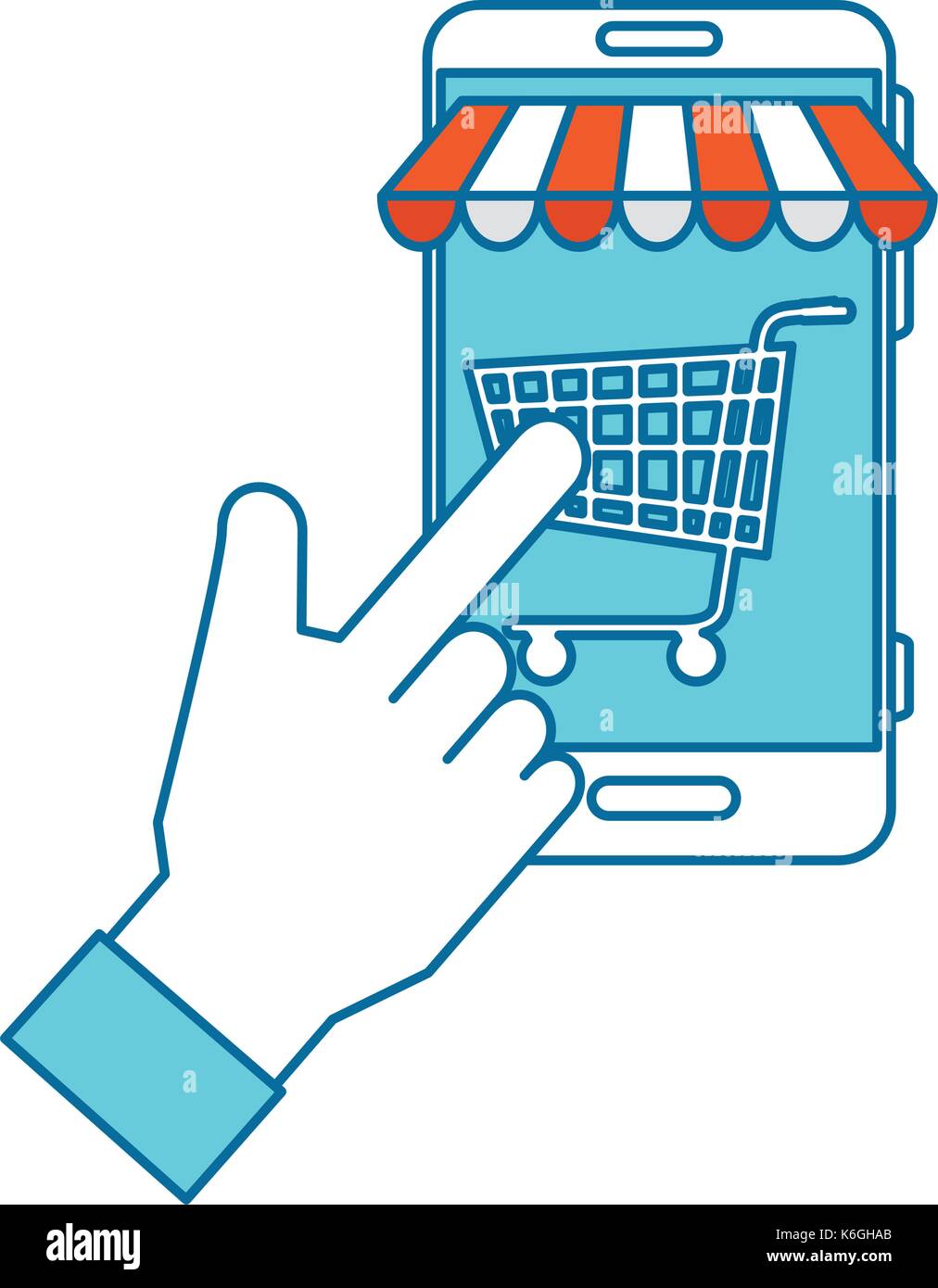 hand human using smartphone with market online app vector illustration ...