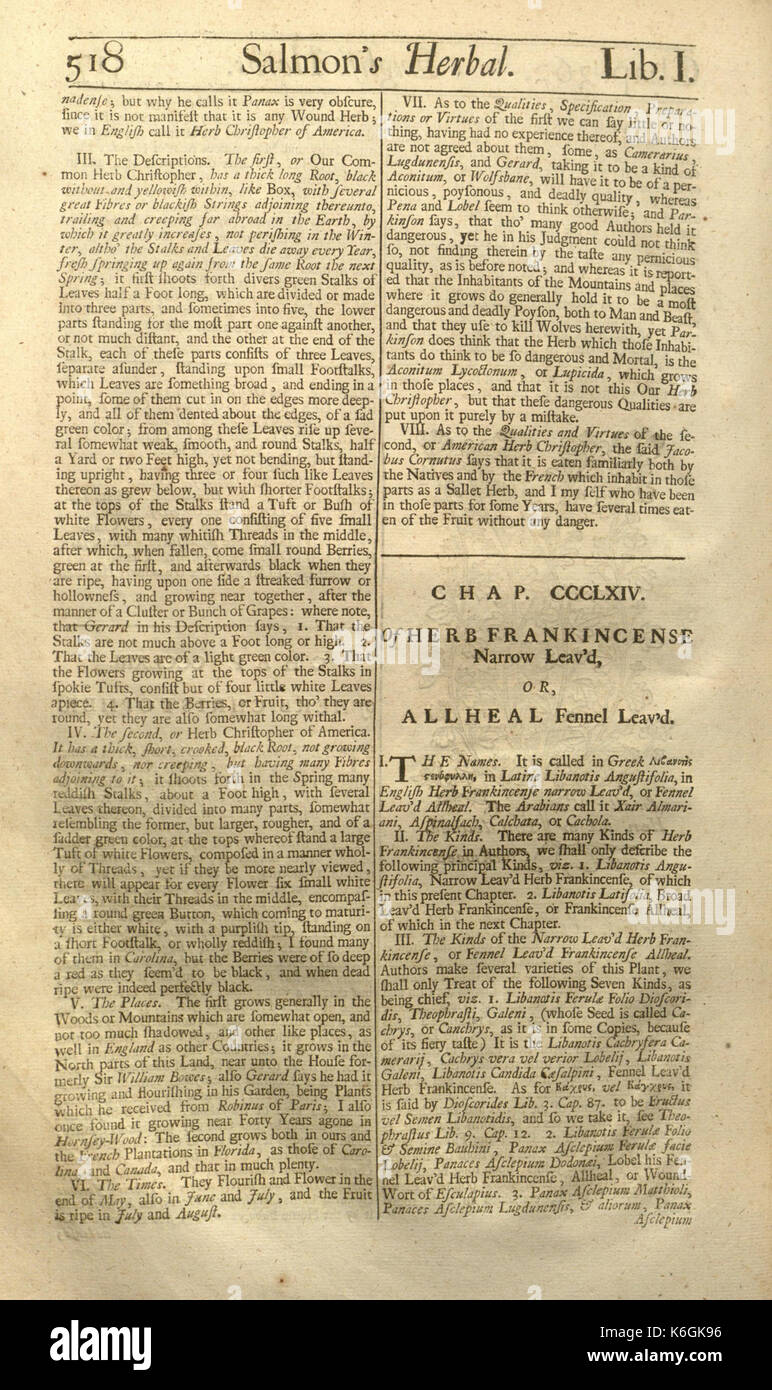 A page from 'Botanologia, the English herbal', detailing the history of ...