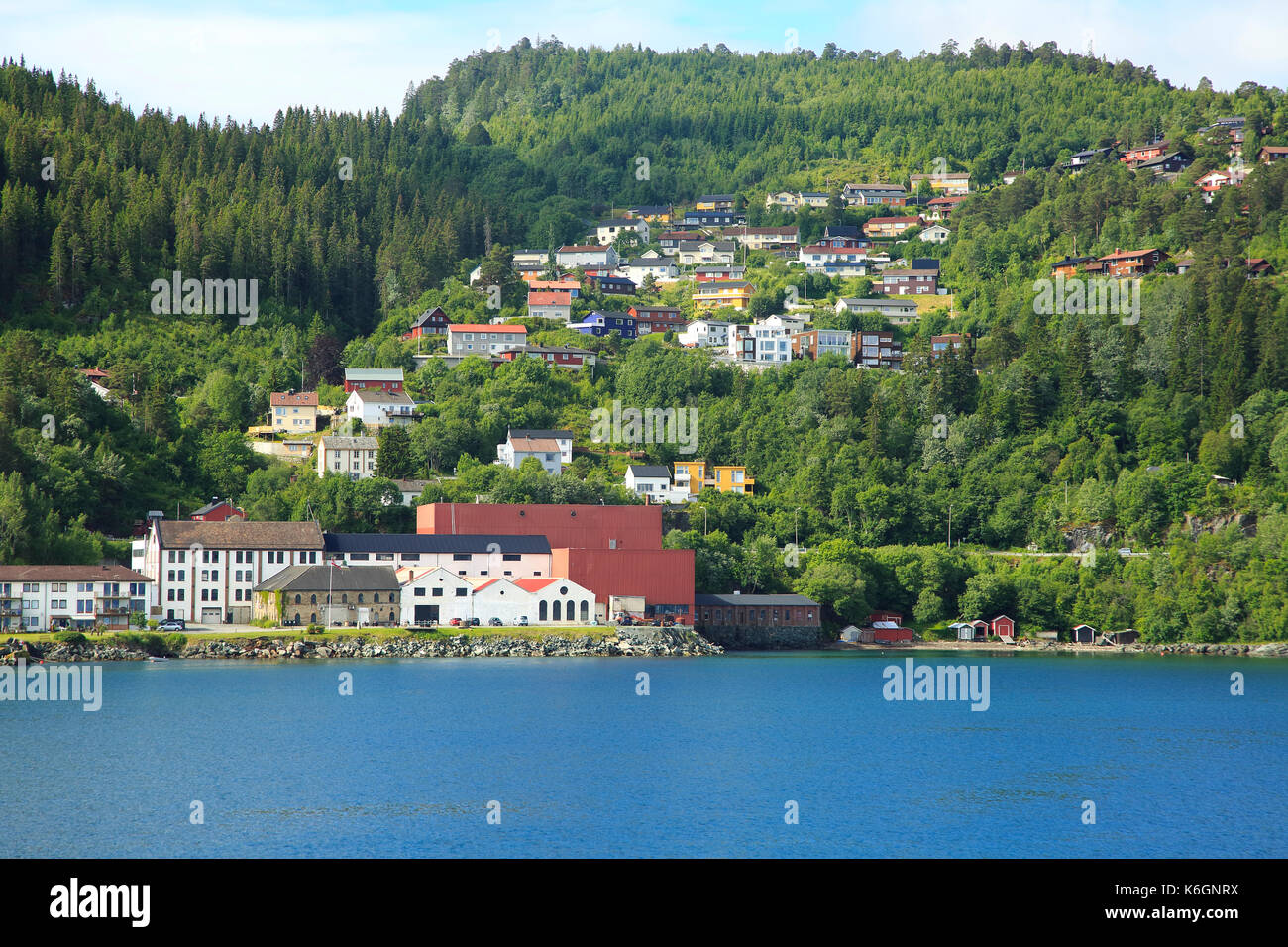 Hillside houses in Trolla village, Trondheim Municipality, Sor ...