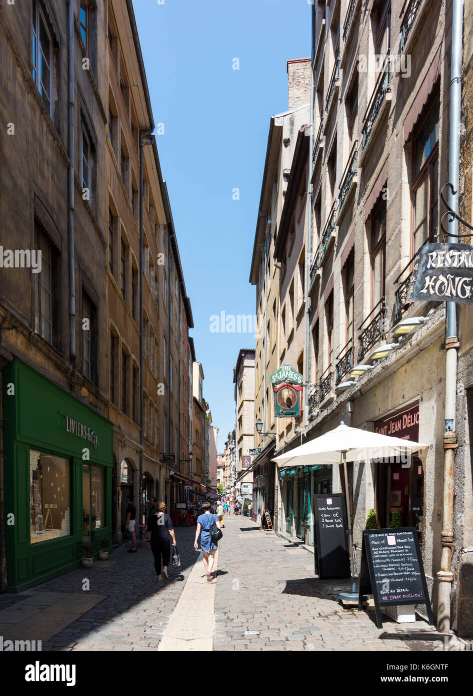 Lyon, France, 31 July 2017. Summer vertical view of street Saint-Jean ...