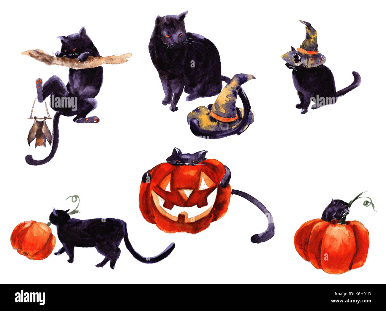 Set Of Cat Cartoon With collection Different Actions, Halloween Stock ...