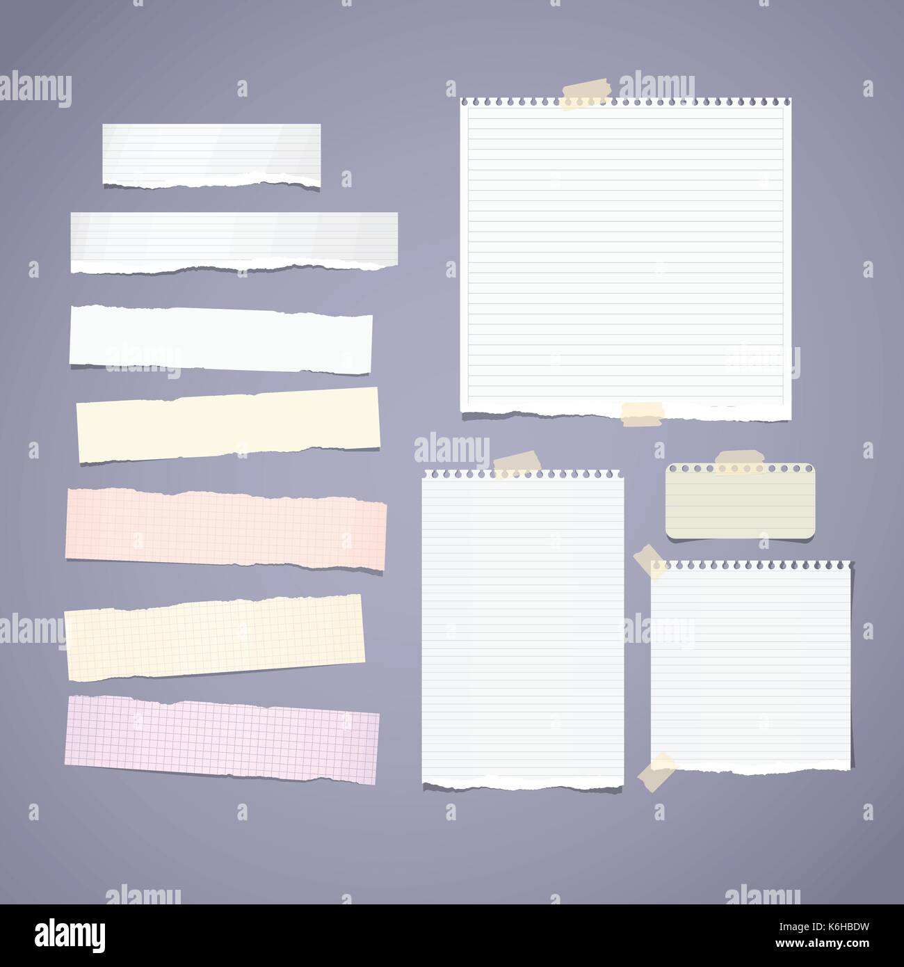 Torn ruled, note, notebook, copybook paper strips, sheets stuck with ...