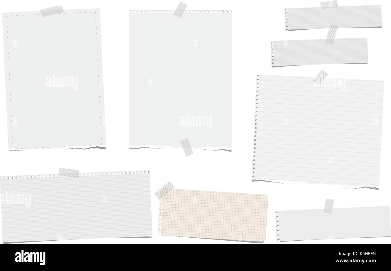 Torn ruled, note, notebook, copybook paper strips, sheets stuck with ...