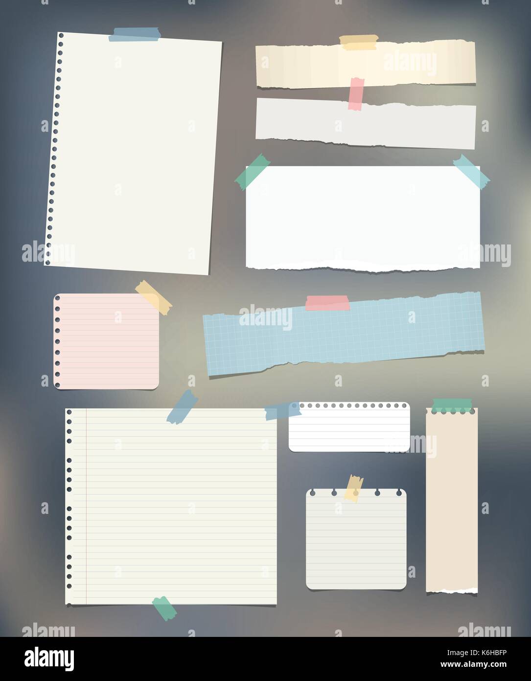 Torn ruled, note, notebook, copybook paper strips, sheets stuck with ...