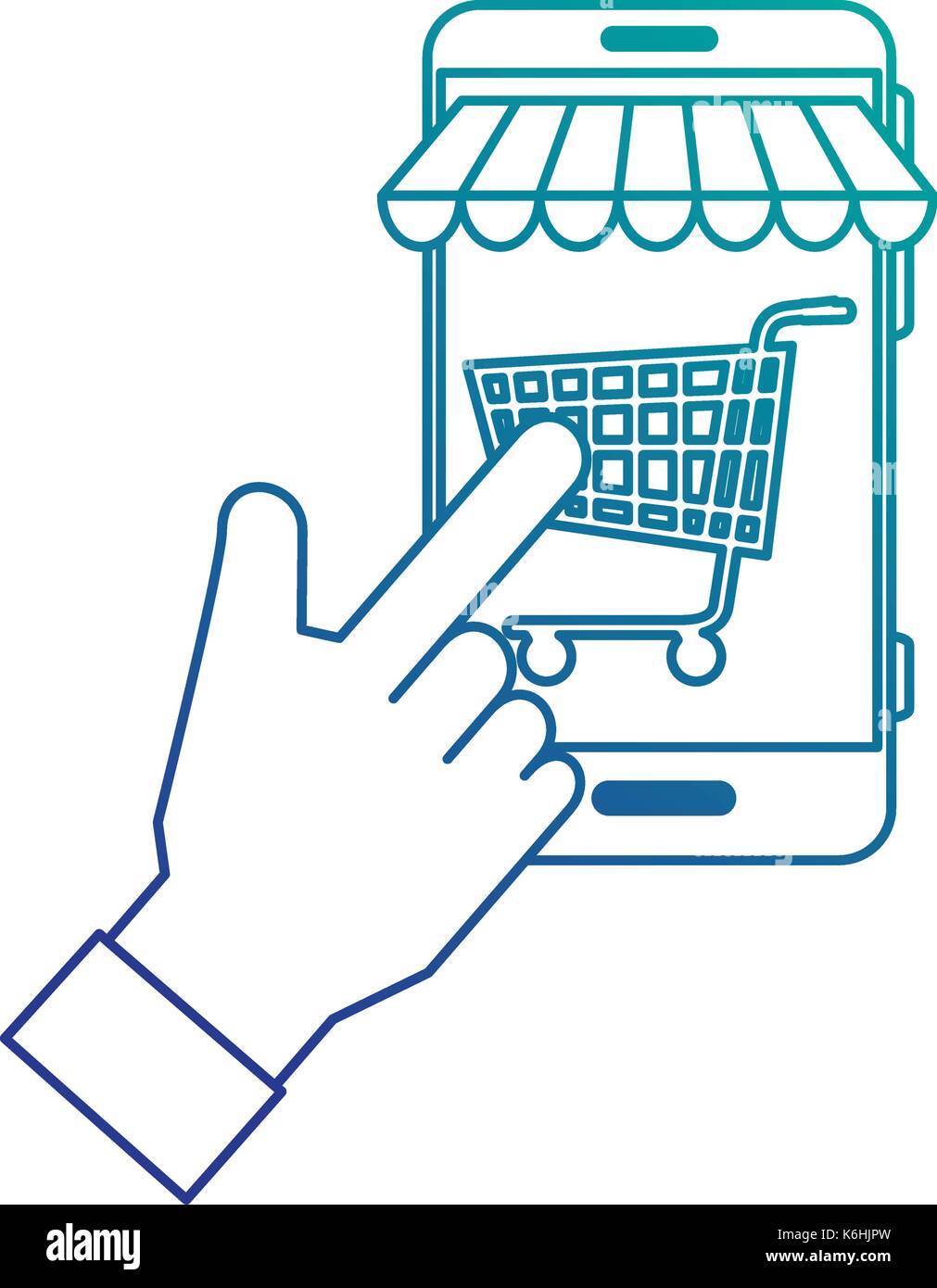 hand human using smartphone with market online app vector illustration ...