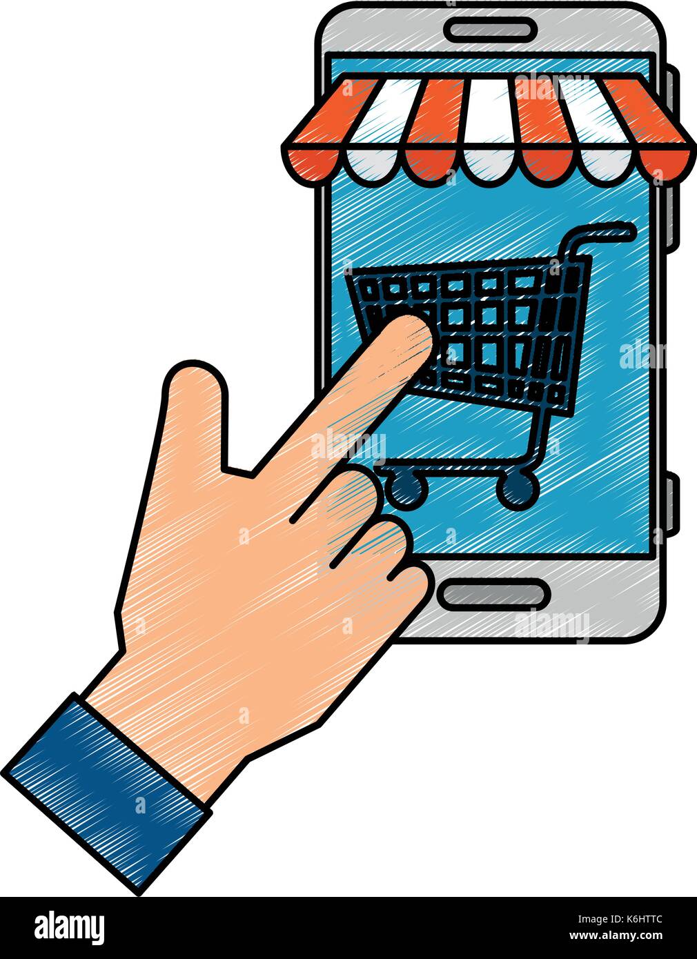hand human using smartphone with market online app vector illustration ...