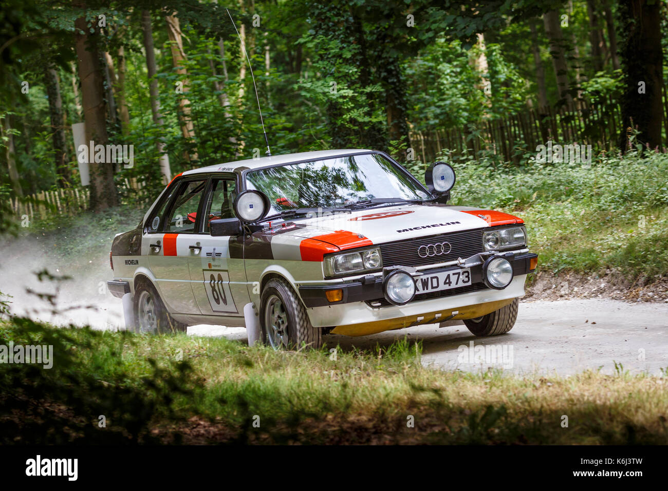 1983 Audi 80 rally car on the forest stage with driver Frank Kovacevic ...