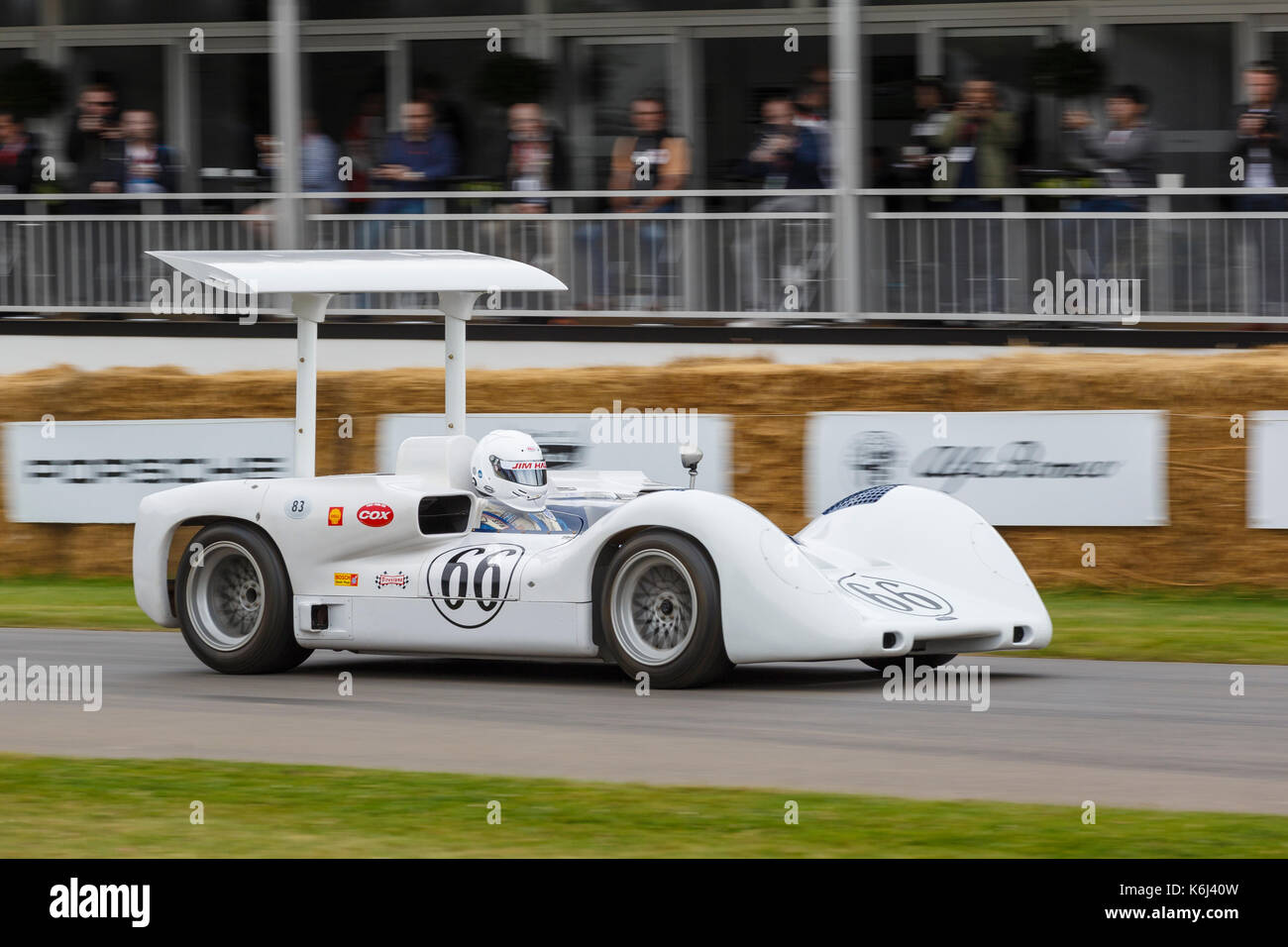 1966 Chaparral-Chevrolet 2E Can-Am racer with driver Jim Hall Jr at the ...