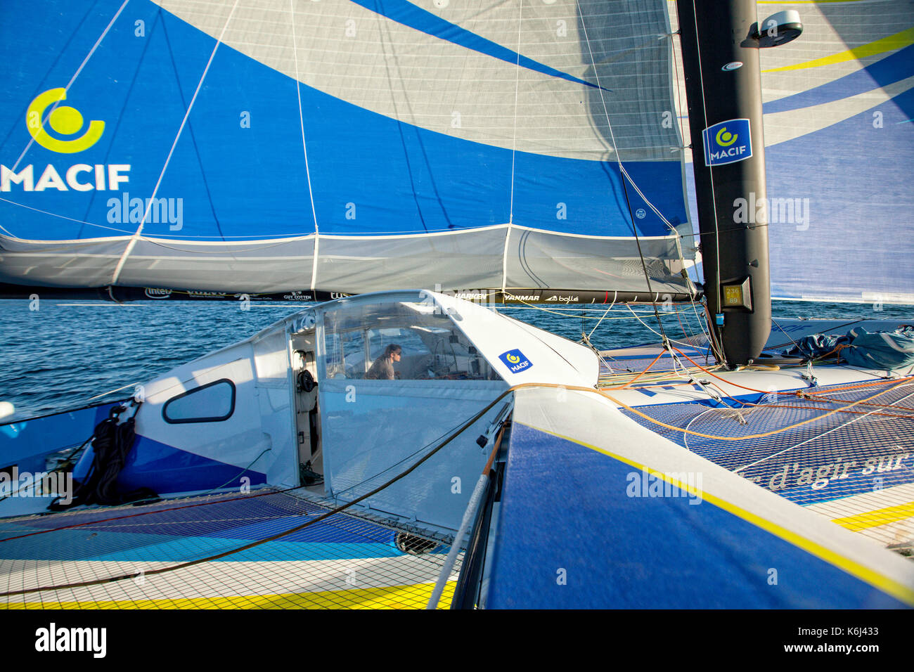 View outside cockpit of trimaran boat, Atlantic Ocean, Brittany, France ...
