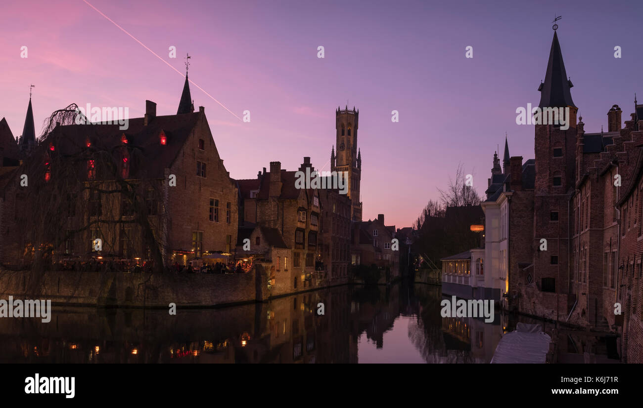 Romantic sunset on a beautiful canal in the old town of Bruges in ...