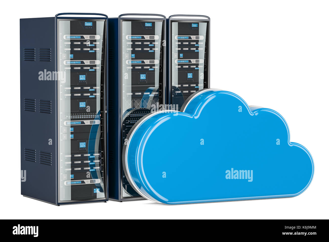 Computer Server Racks with computing cloud. Storage concept, 3D ...