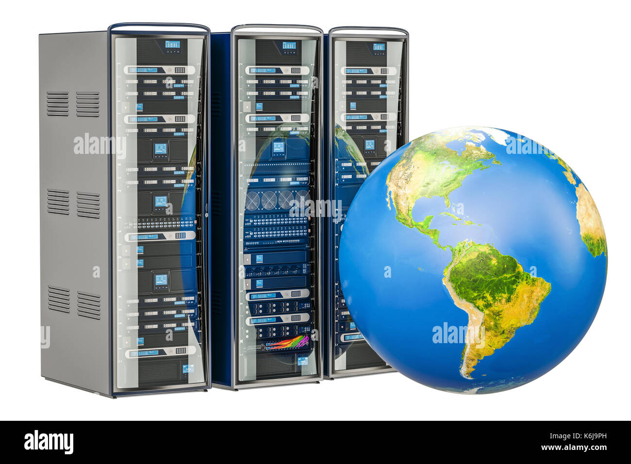 Computer Server Racks with Earth Globe. Global internet concept, 3D ...