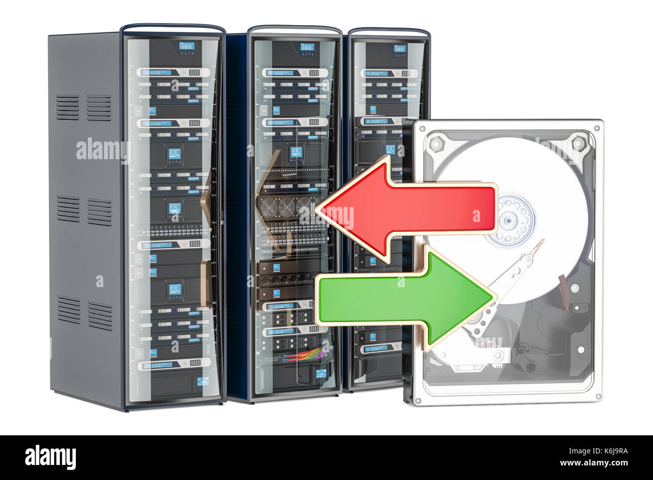 Computer Server Racks with green and red arrows, synchronization or ...