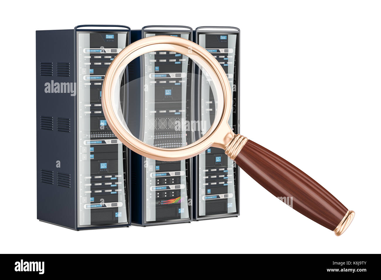 Computer Server Racks with magnifier, 3D rendering isolated on white ...