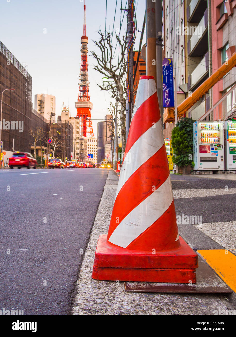 HAKONE, JAPAN - JULY 02, 2017: Close up of a orange cone in the streets ...