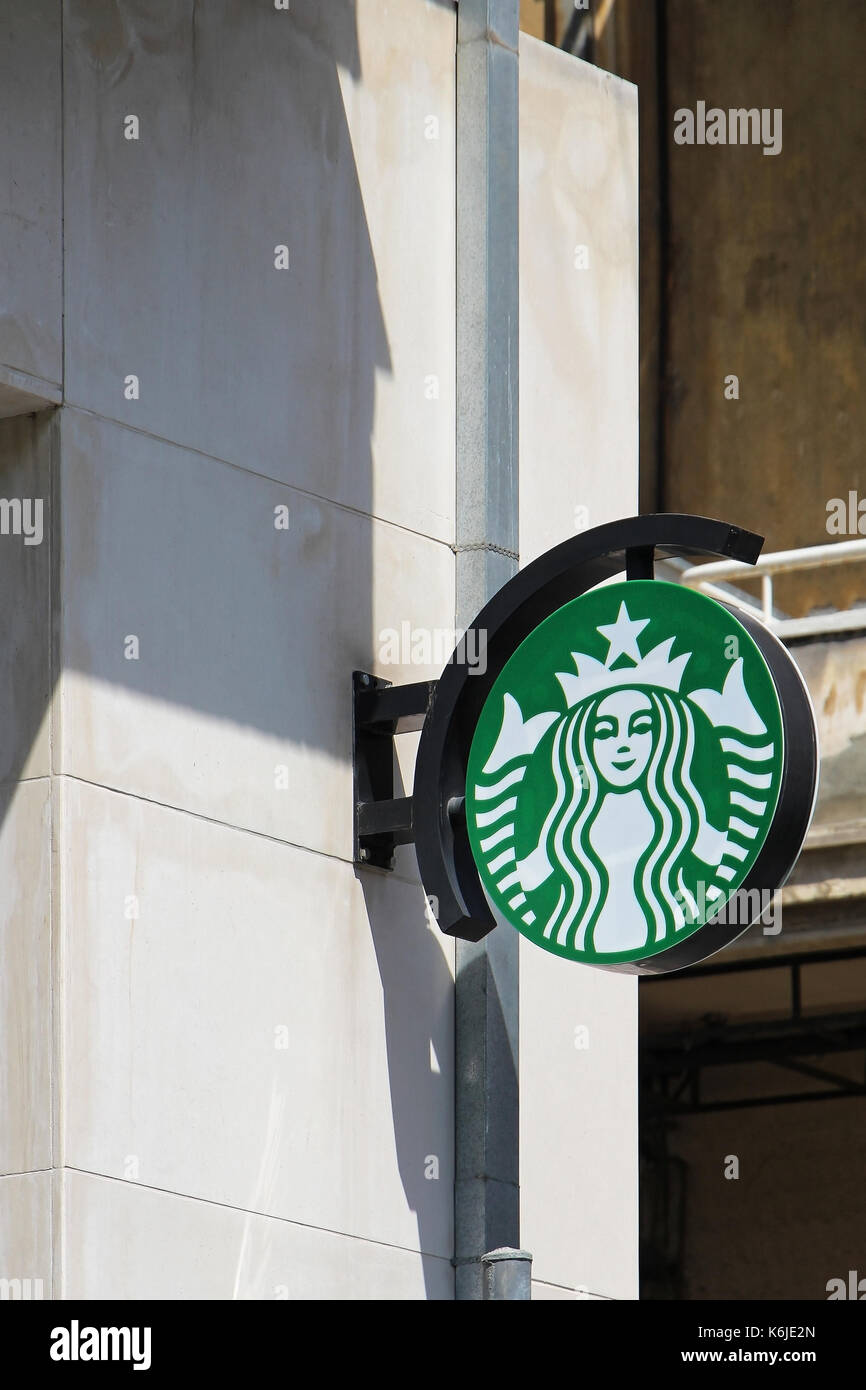 ATHENS, GREECE - MAY 03, 2015: Starbucks sign outside on building ...