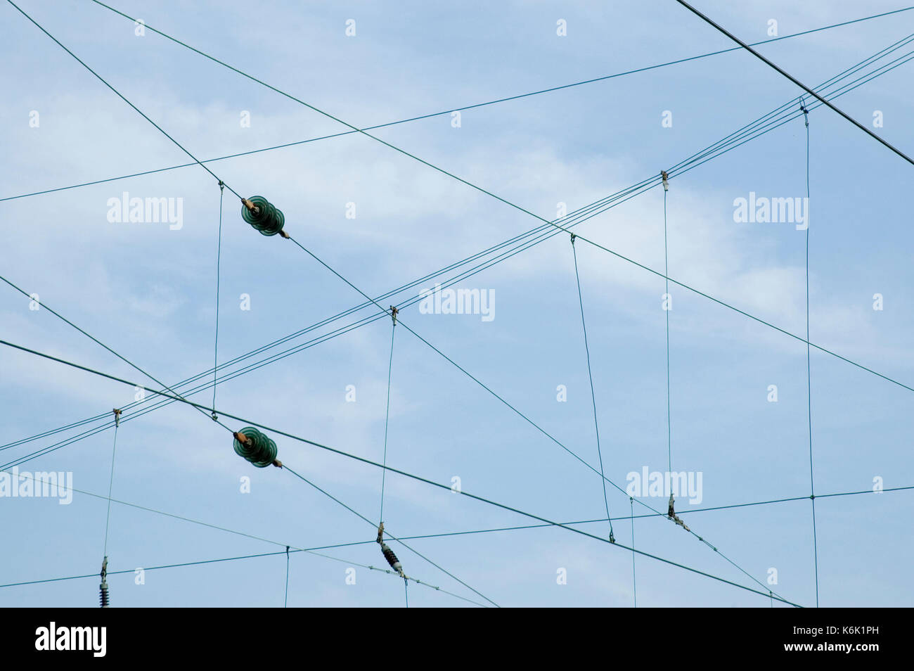 power lines and glass disc insulators Stock Photo - Alamy