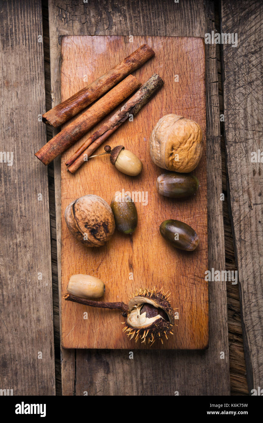autumn foliage, walnut, acorns and cinnamon on a retro background Stock ...