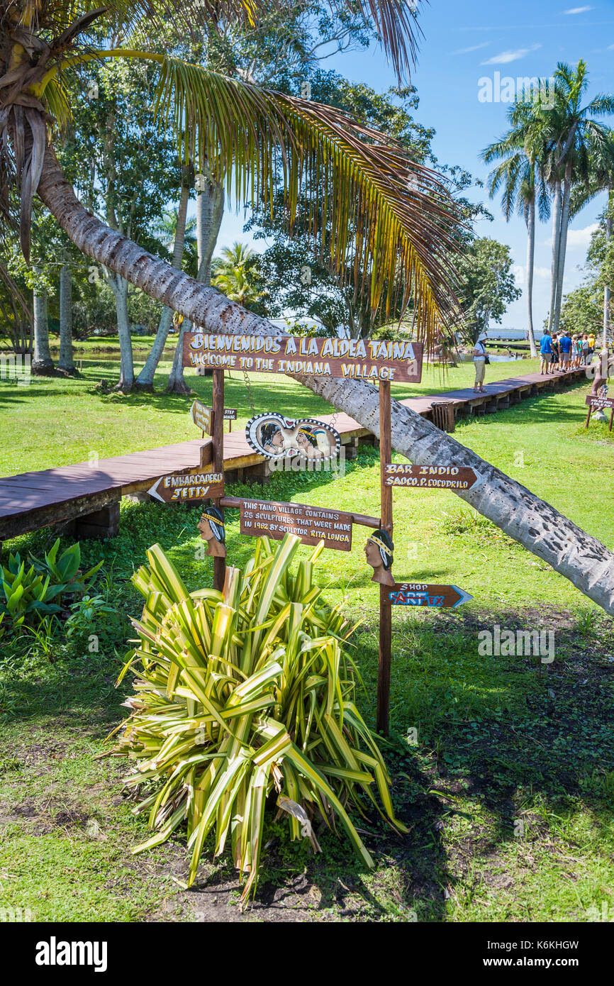 Entrance sign at La Aldea Taina, a reconstructed pre-Columbian village ...