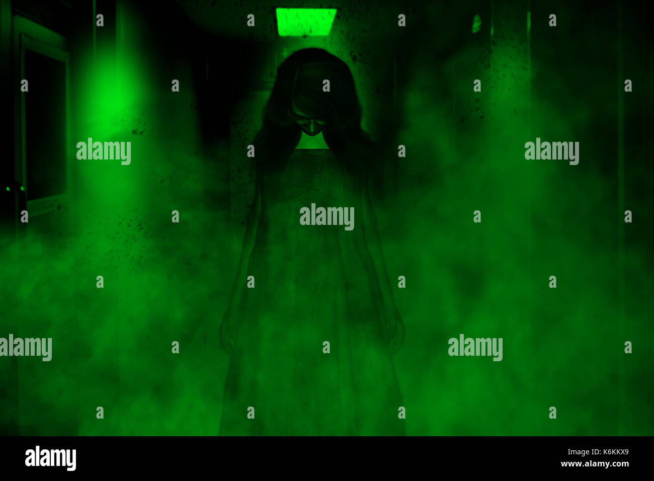 3d illustration of scary ghost woman in the dark,Horror background ...