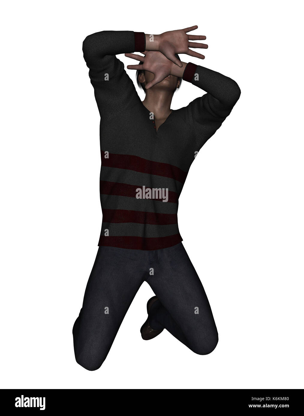 3d rendering of a man using his hand to hide his face from something ...