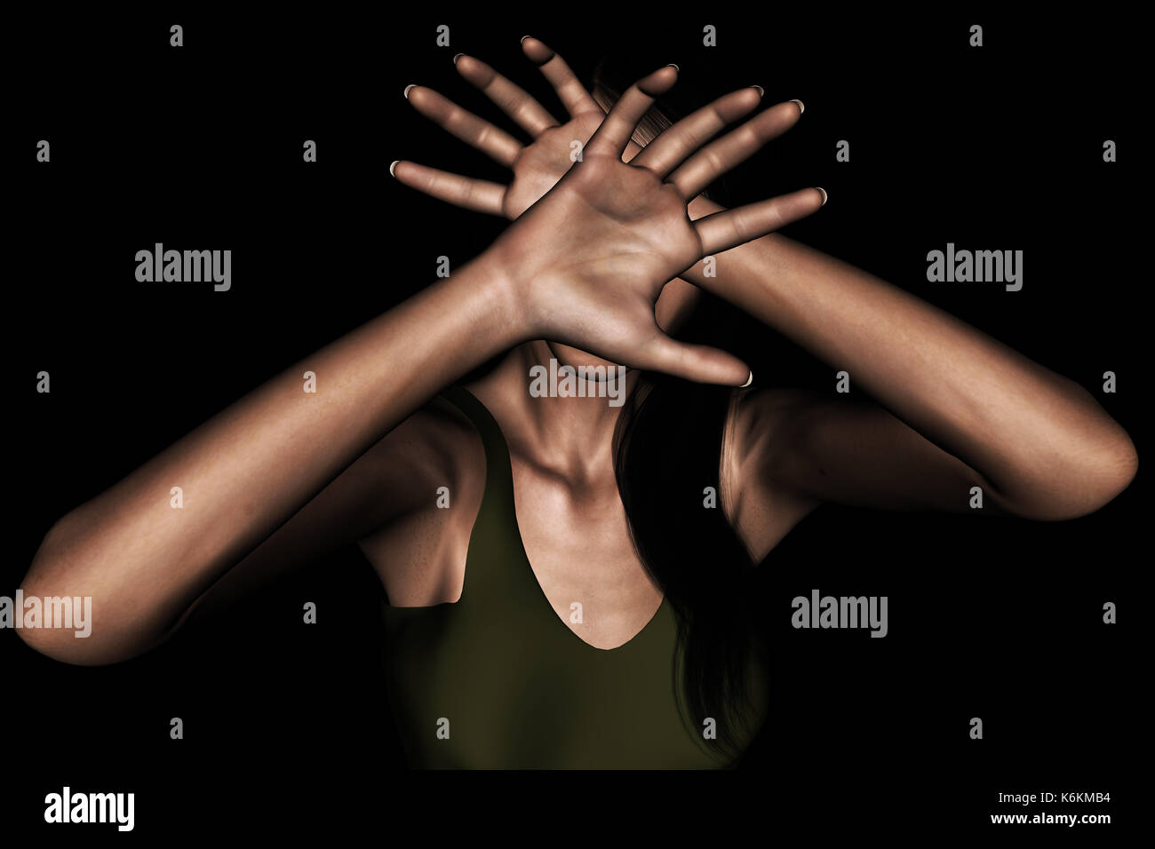 3d rendering of a woman using her hand to hide her face from something ...