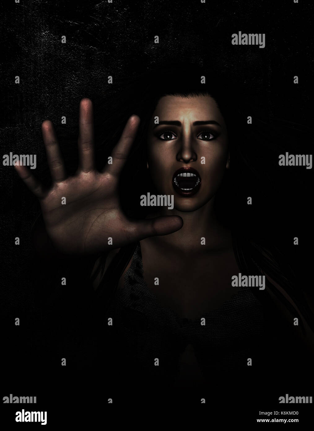 3d illustration of woman screaming in the dark ,Horror movie concept ...