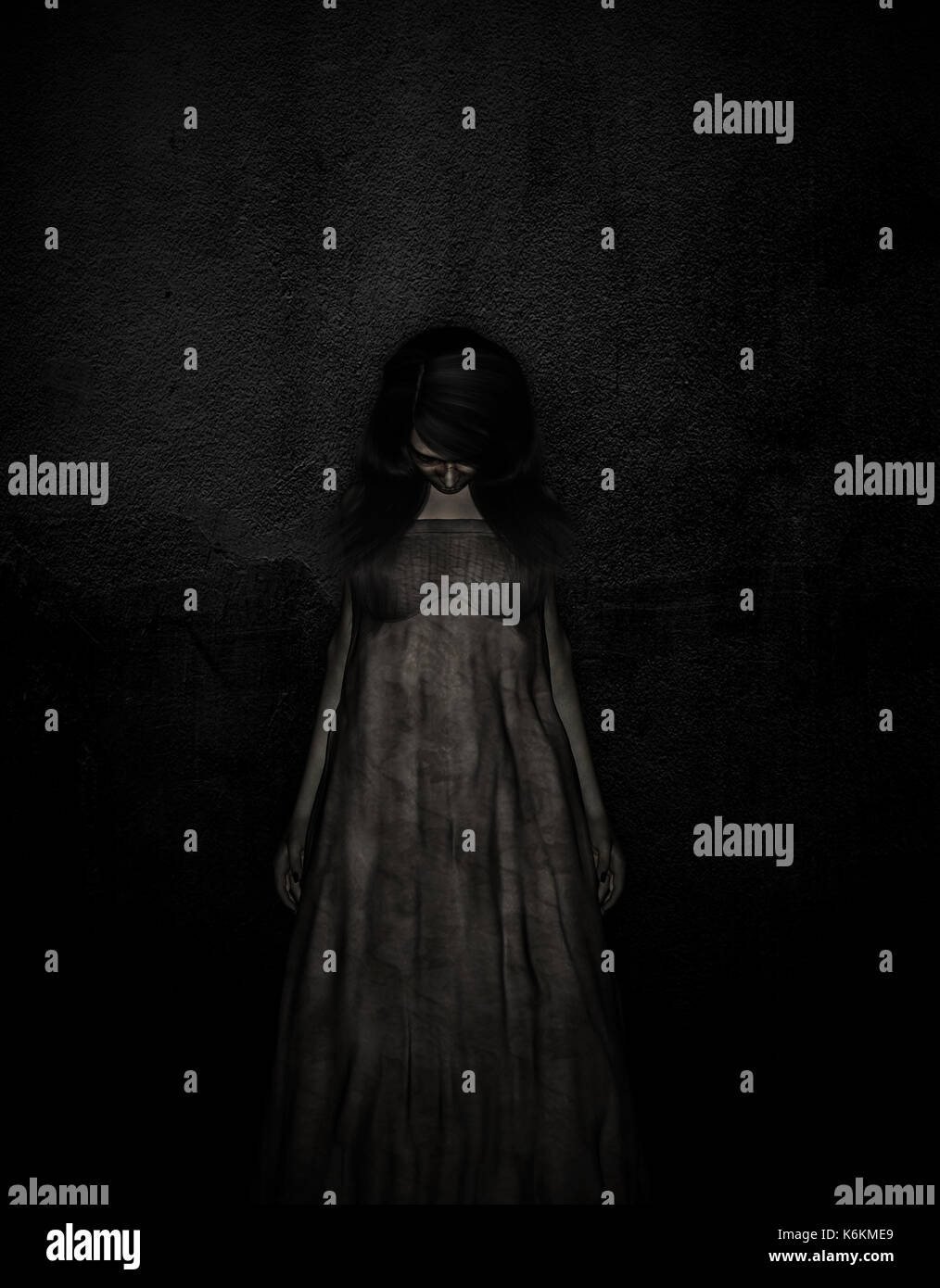 3d illustration of scary ghost woman in the dark,Horror background ...
