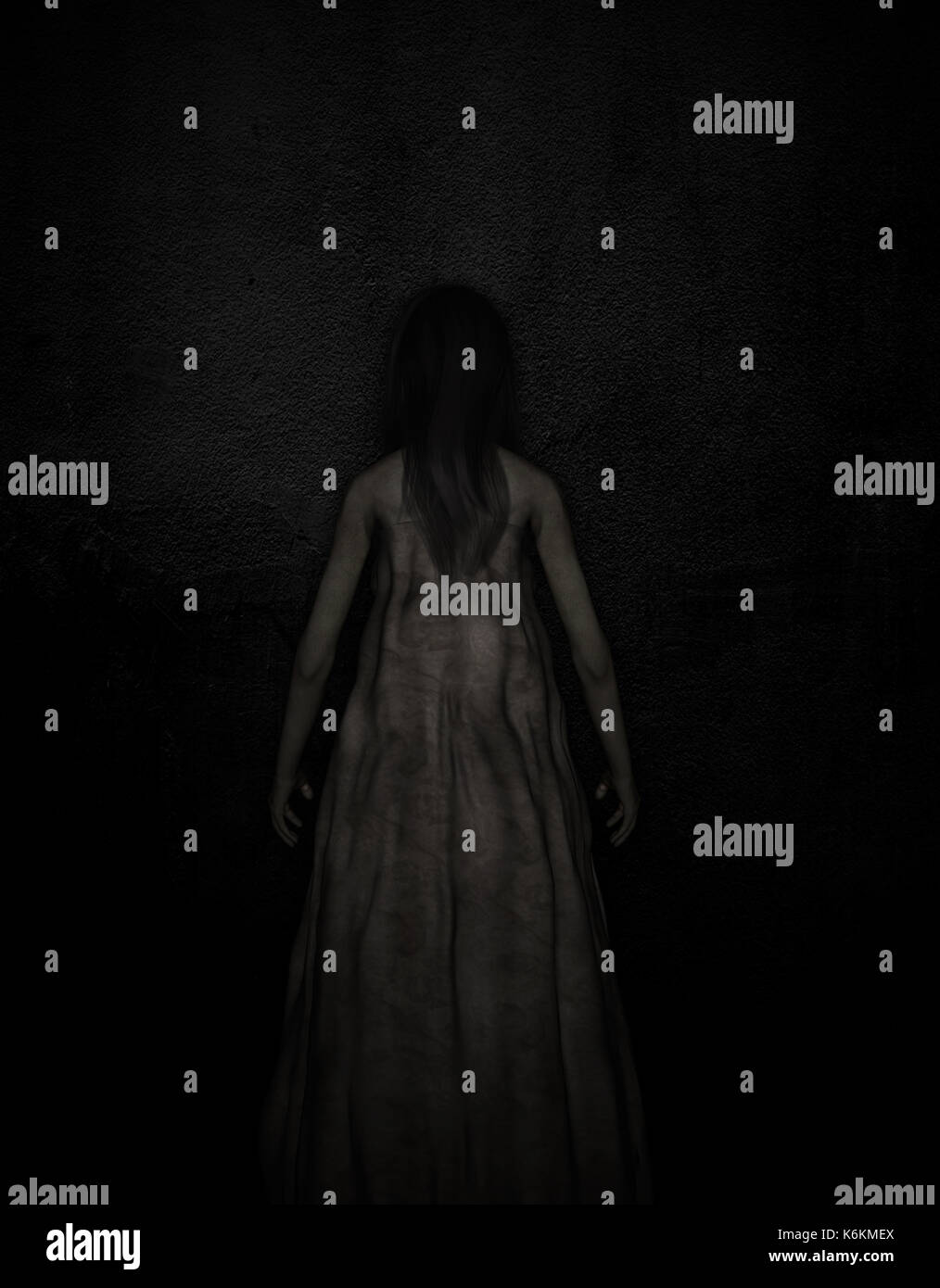 3d illustration of scary ghost woman in the dark,Horror background ...