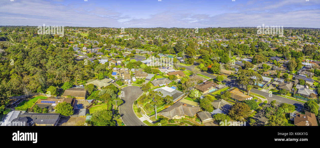 Suburbian houses in Australia. Aerial panorama on bright sunny day ...