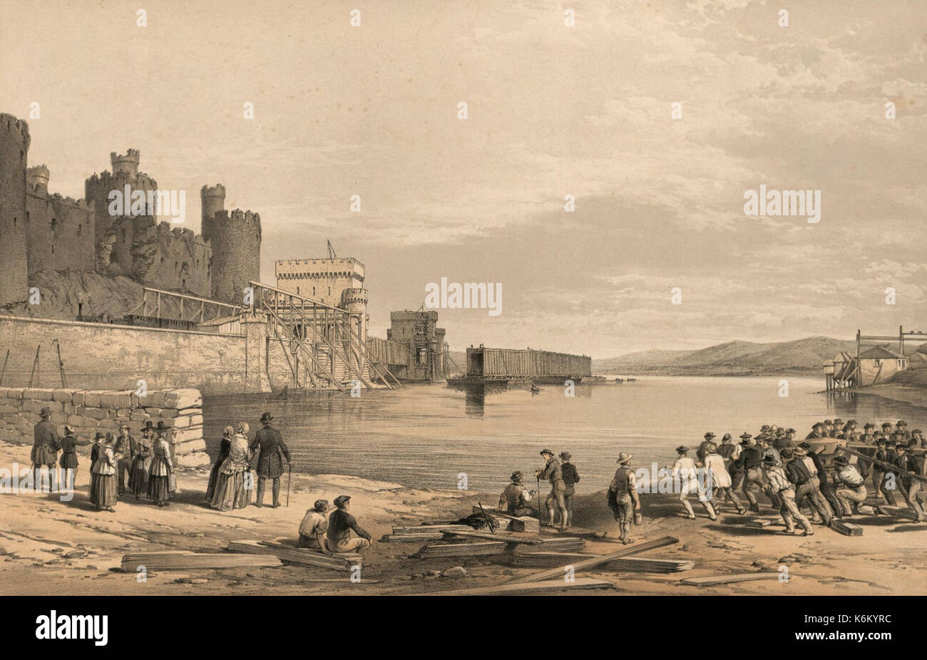 Conway Bridge. Floating of second tube, September, 1848 Stock Photo - Alamy